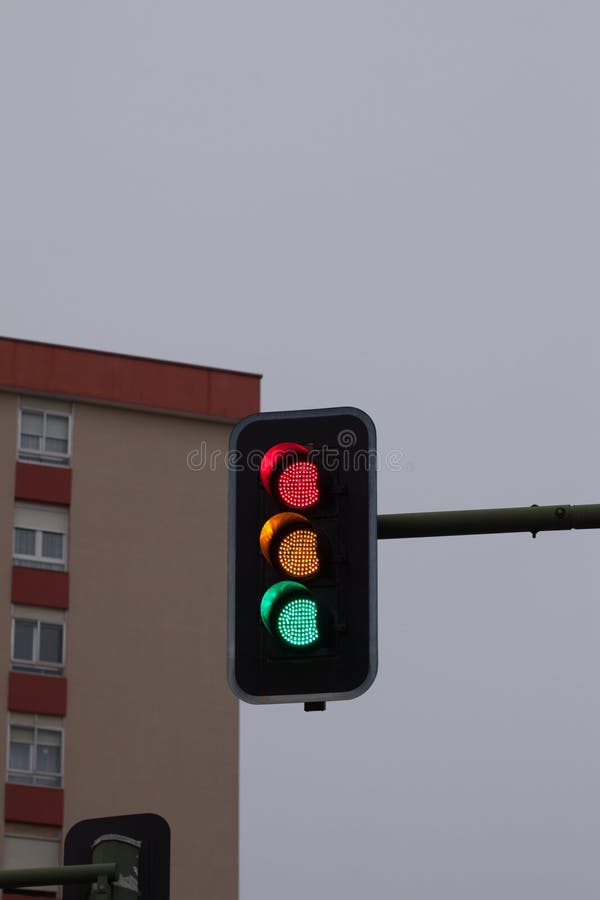 Unusual Traffic Light Malfunctioning with All Lights on Stock Photo ...