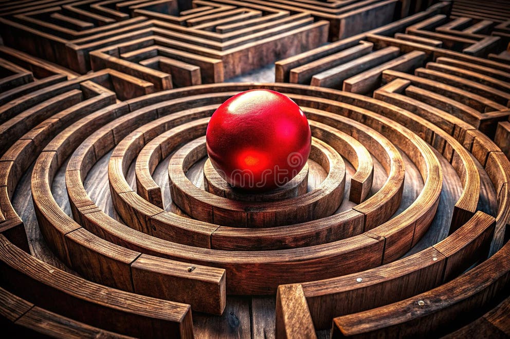 Unveiling the Path a Red Sphere Navigating a Complex Wooden Labyrinth a Visual Representation of ...