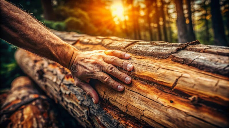 Unwavering Resolve a Hand Grasps a Rugged Log Symbolizing Wilderness ...