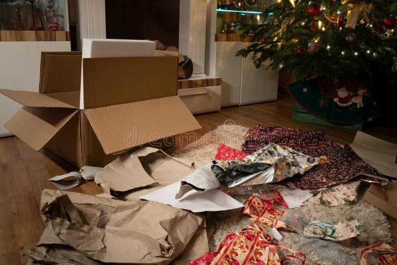 Unwrapped Christmas Presents in a Living Room Stock Image - Image of ...