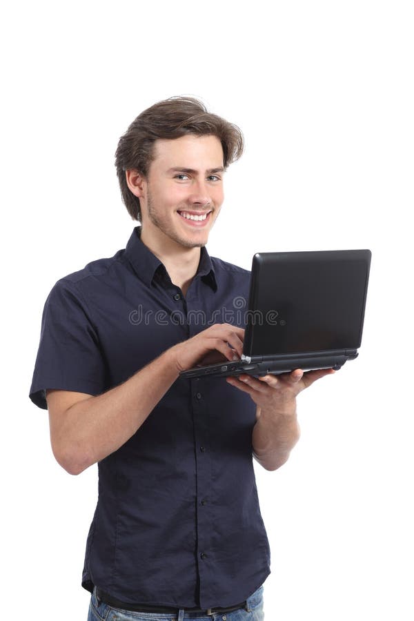 Uomo Diritto Felice Che Scrive Su Un Computer Portatile Immagine Stock ...