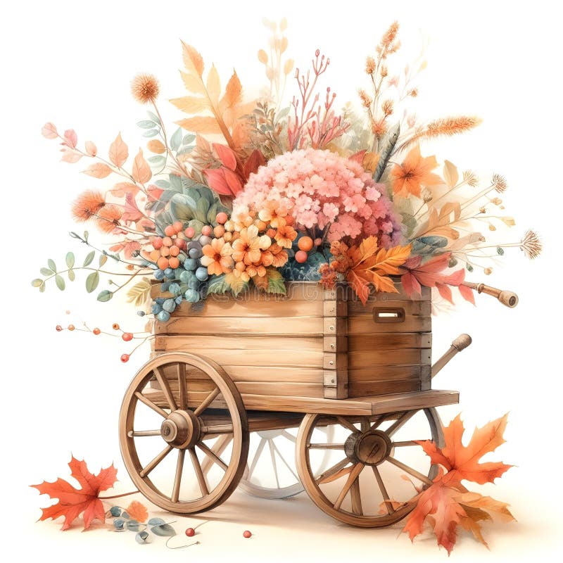 Watercolor Wooden Cart with Autumn Flowers and Leaves on a White ...