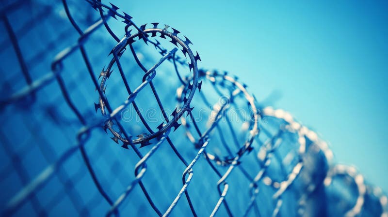 An Up-close Image of a Chain-link Fence Topped with Barbed Wire, Framed ...