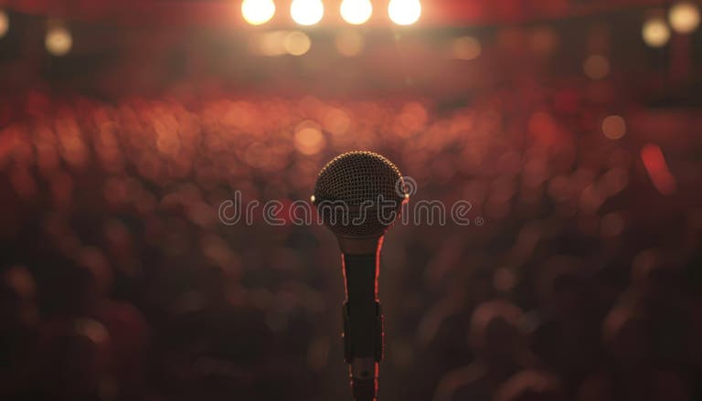 Microphone on Stage with Crowd Blurred in Background during a Concert ...