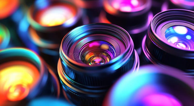 An Up-close View of Multiple Camera Lenses Reflecting Various Colors ...