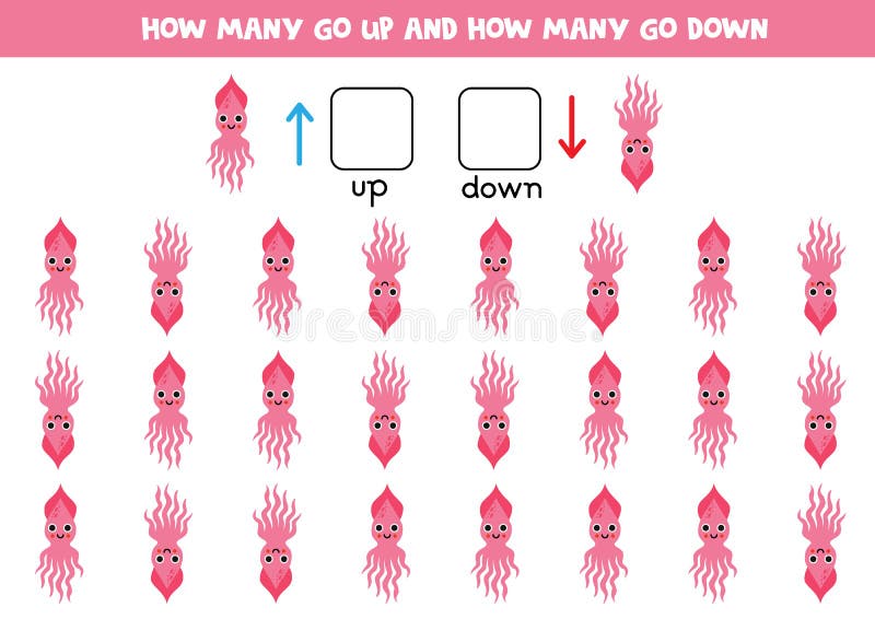 Up or Down with Cute Cartoon Squid. Educational Game To Learn Up and ...