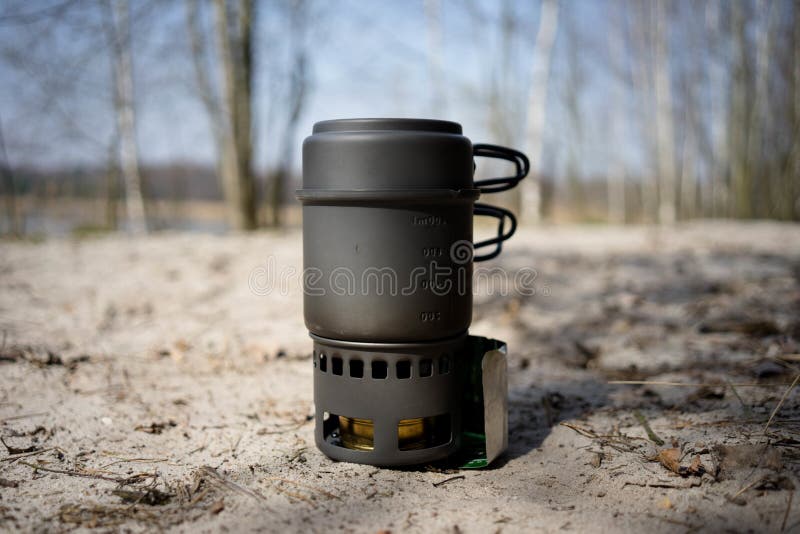 Up Shot of Camping Pot on a Mini Portable Stove Stock Illustration ...