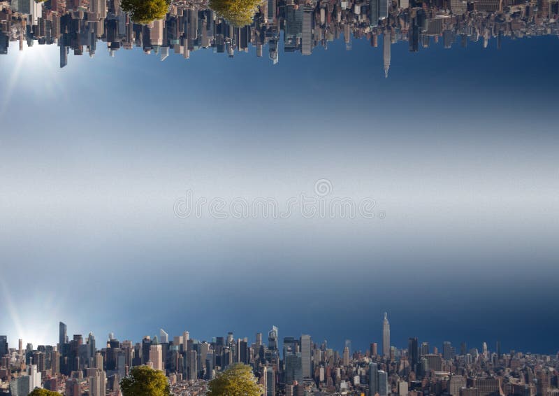 Up Side Down City.mirror Effect with White Flares in the Middle of Two ...