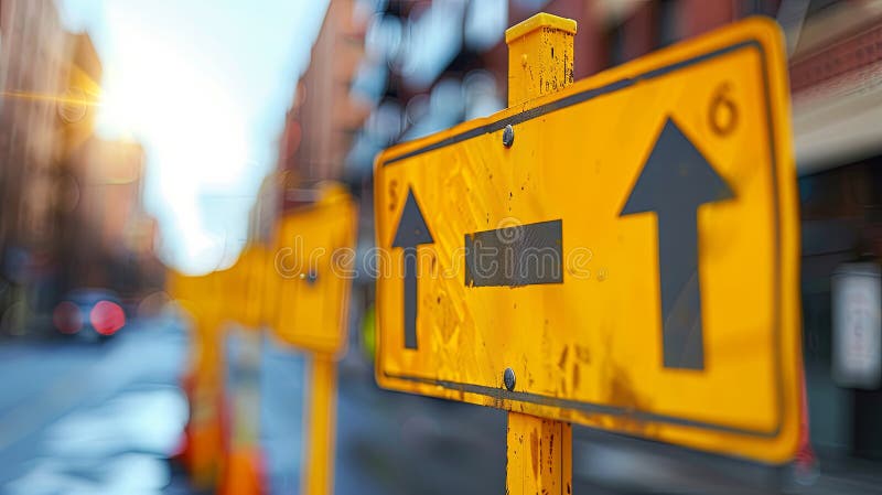 Up Yellow Signs on the Street Stock Illustration - Illustration of ...