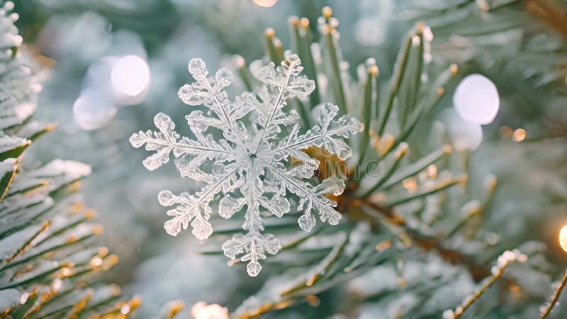 An Upclose View of a Snowflake on a Pine Branch the Tips of Its ...