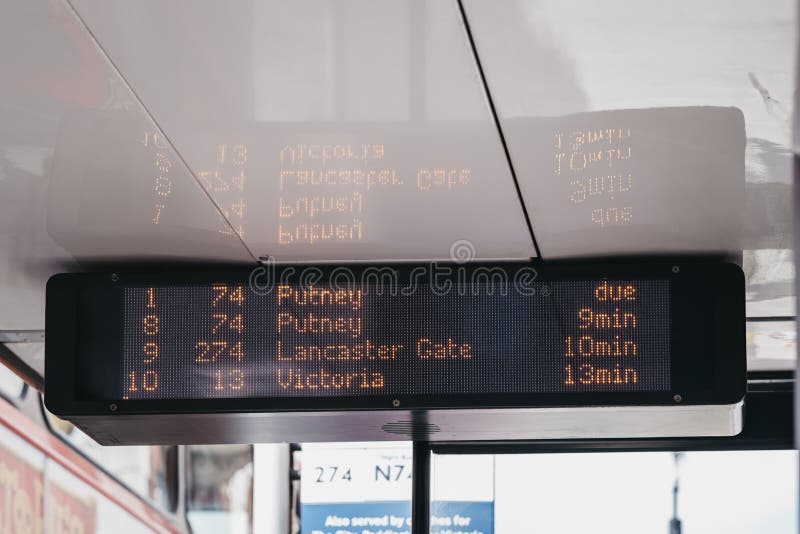 Buses Schedule on Digital Screen on a Bus Stop in London, UK Stock ...