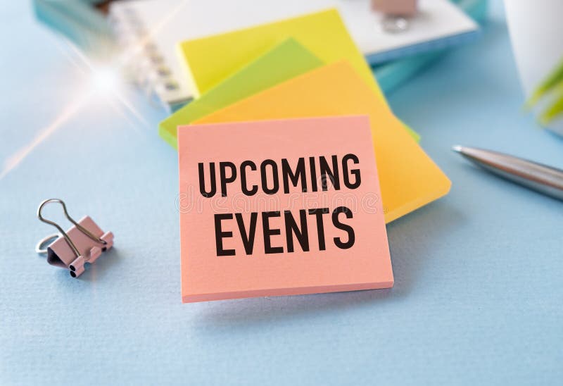 Upcoming Events Sign on the Torn Paper on the Blue Background Stock ...