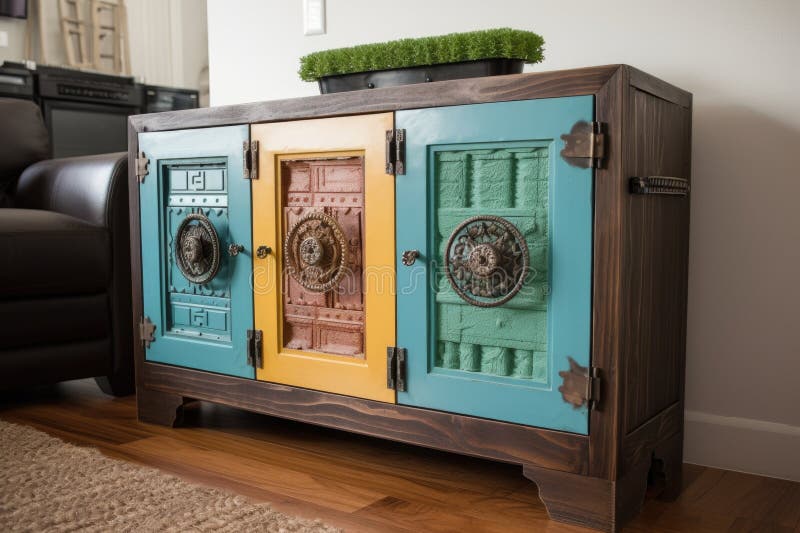 Upcycled Cabinet with Repurposed Doors, Handles and Knobs Stock Image ...