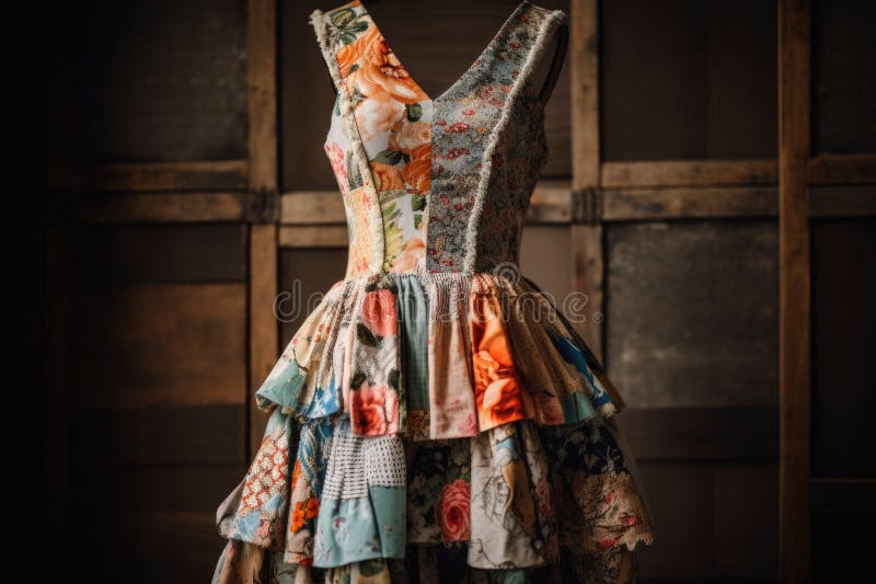 Upcycled Dress Made of Different Fabrics, Patterns and Textures Stock ...