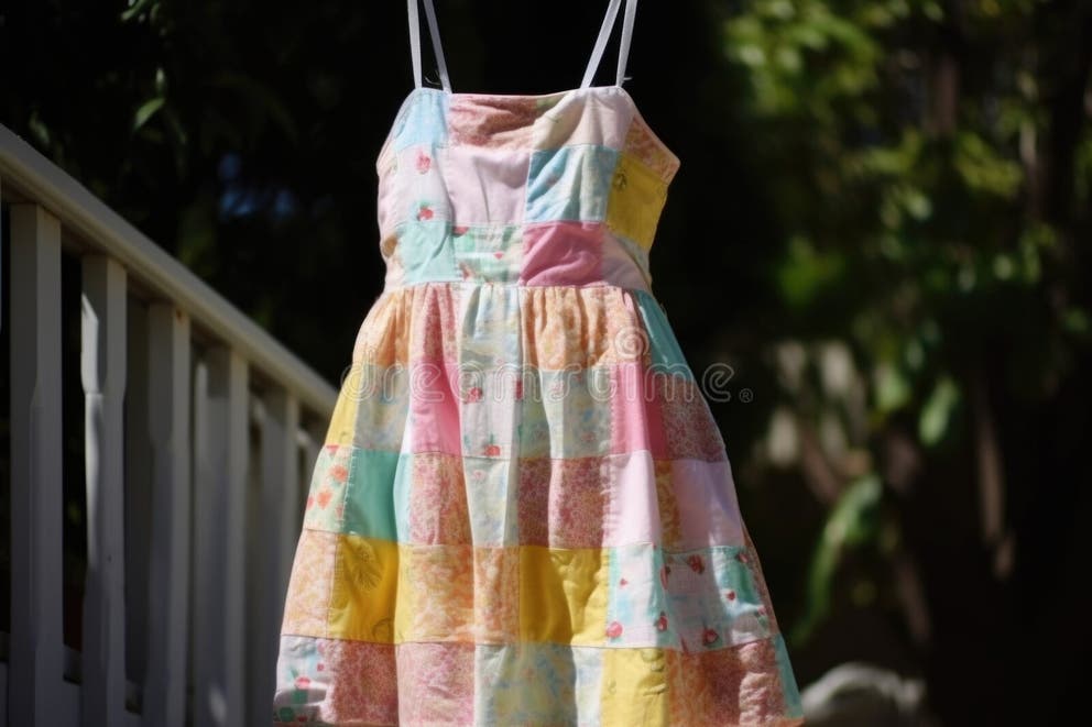 Upcycled Sundress with Patchwork of Pastel Fabrics Stock Illustration ...
