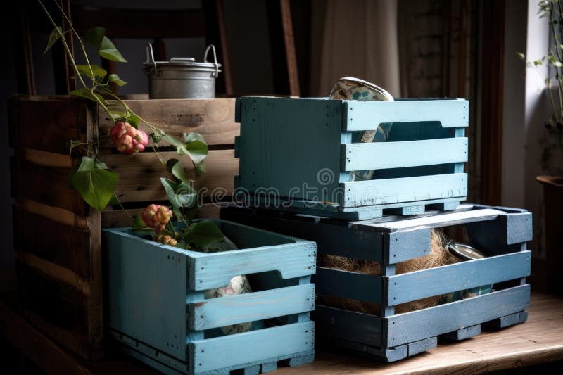 Upcycling Project with Old Wooden Crates and Paint Stock Illustration ...