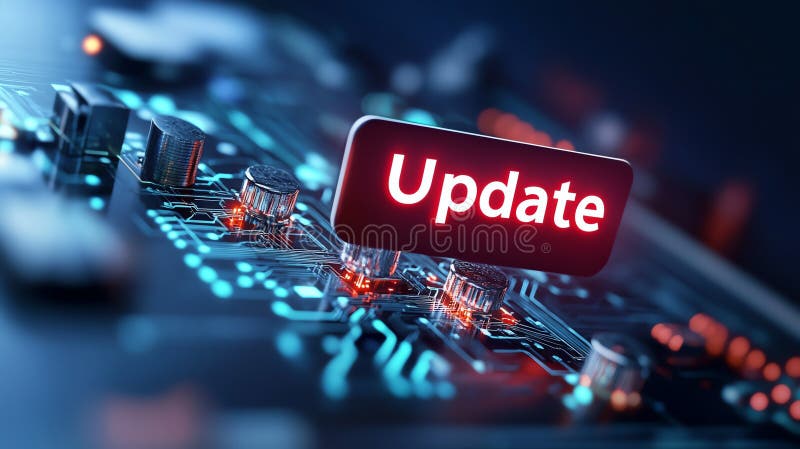 Update Button on Circuit Board with Glowing Lights, Digital Technology ...