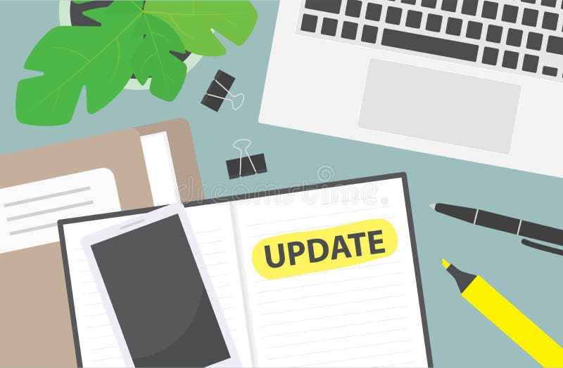 Update Reminder Written in Notebook, Flat Lay Desk Composition Stock ...