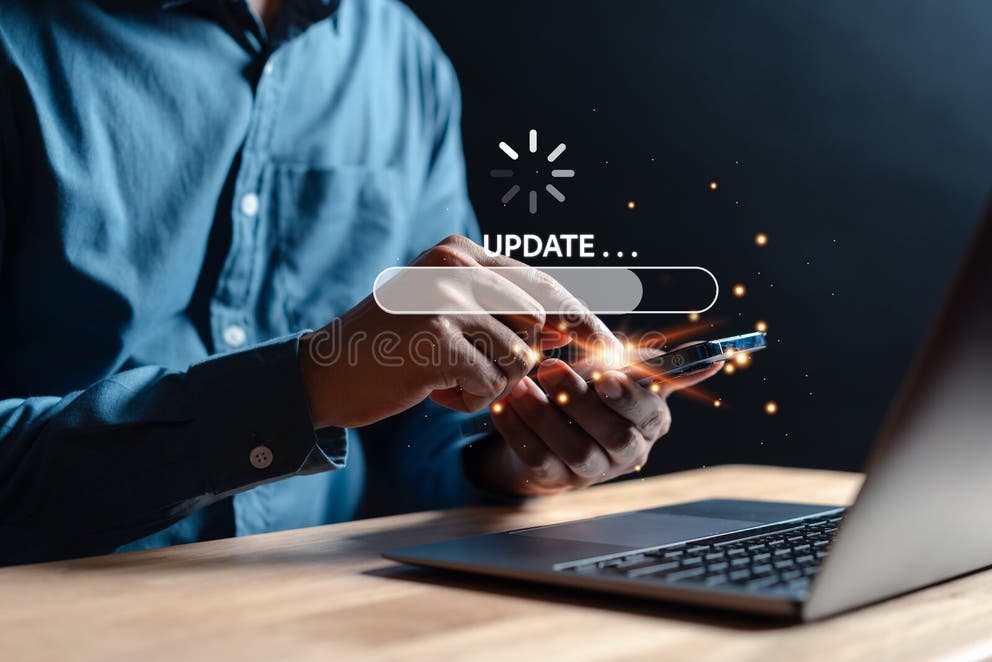 Update Software System in Computer. Man Using Smartphone Upgrade Program, Business Technology ...