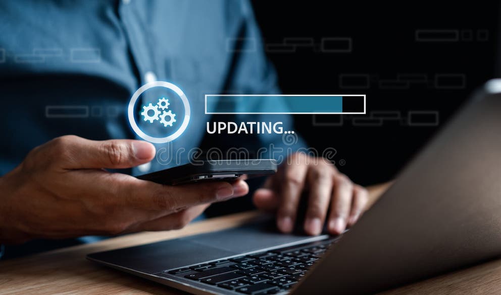 Update Software System in Computer. Man Using Smartphone Upgrade Program, Business Technology ...