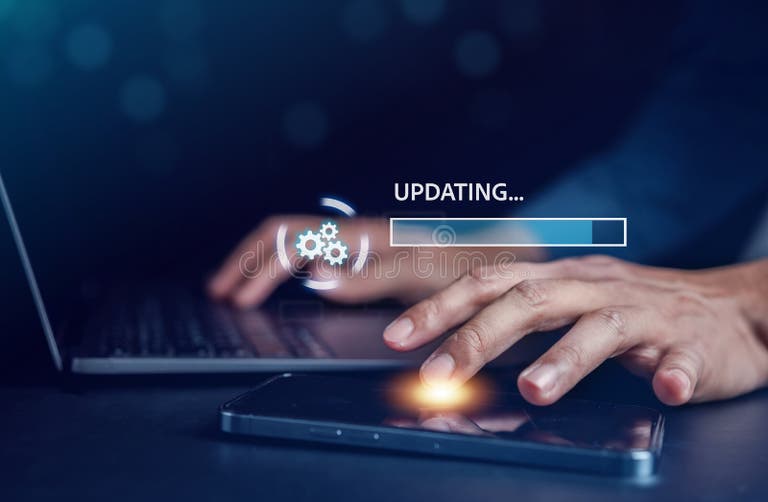 Update Software System in Computer. Man Using Smartphone Upgrade Program, Business Technology ...