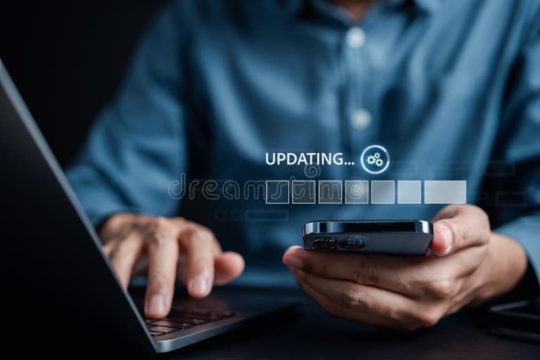 Update Software System in Computer. Man Using Smartphone Upgrade Program, Business Technology ...