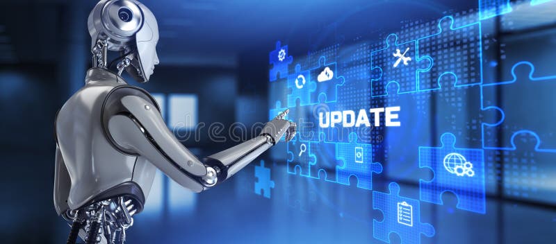 Update System Upgrade Install. Robot Pressing Button on Screen 3d ...