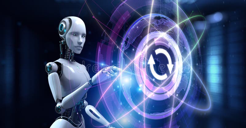 Update System Upgrade Install. Robot Pressing Button on Screen 3d ...