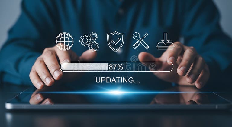 Updating Software System on Tablet with Progress Bar and Icons for Security and Maintenance Task ...