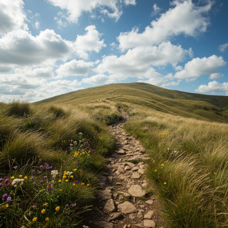 Uphill Path through Wildflower Meadow To Mountain Peak Stock ...