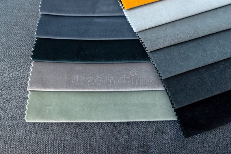 Upholstery Fabric Samples on Grey Sofa, Concept of Renovation Stock ...