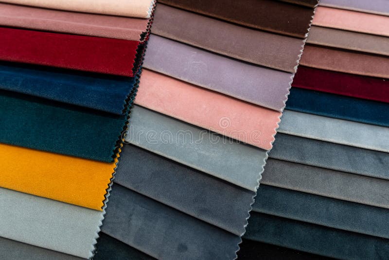 Upholstery Fabric Samples on Grey Sofa, Concept of Renovation Stock ...