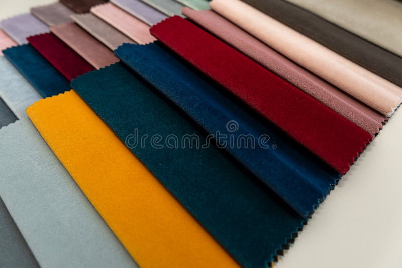 Upholstery Fabric Samples on Grey Sofa, Concept of Renovation Stock ...
