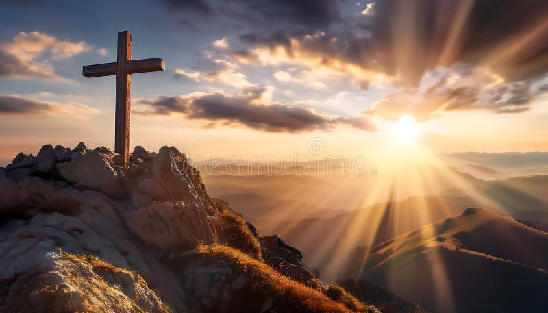 An Uplifting Christian Scene with a Crucifix on a Mountain Peak, Bathed ...