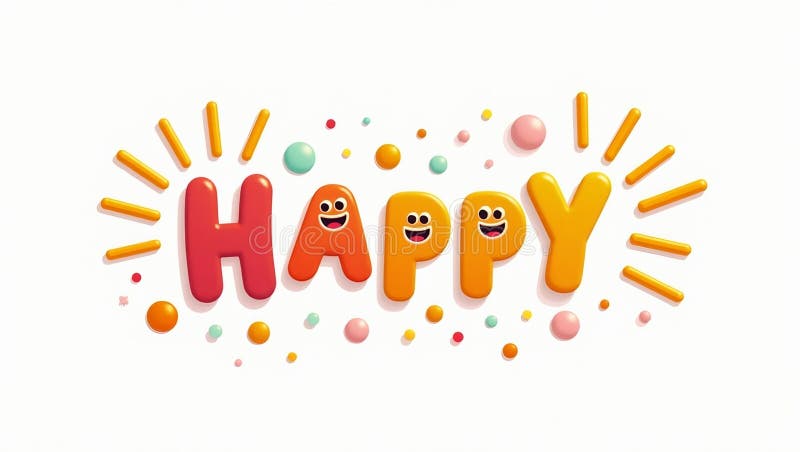 Uplifting Happy Word with Smiley Faces and Sun Rays in Friendly Font ...