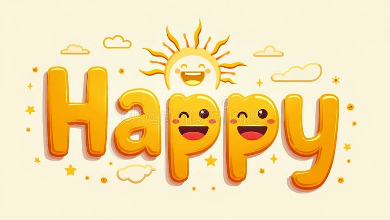 Uplifting Happy Word with Smiley Faces and Sun Rays in Friendly Font ...