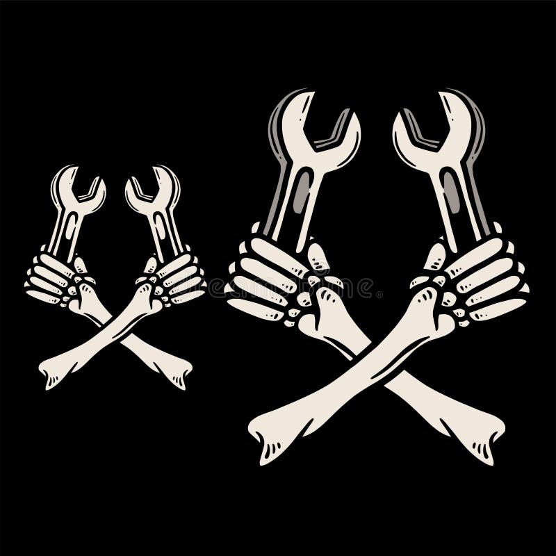 Skull Skeleton Hand Holding Garage Tool Wrench Key Hand Drawn ...