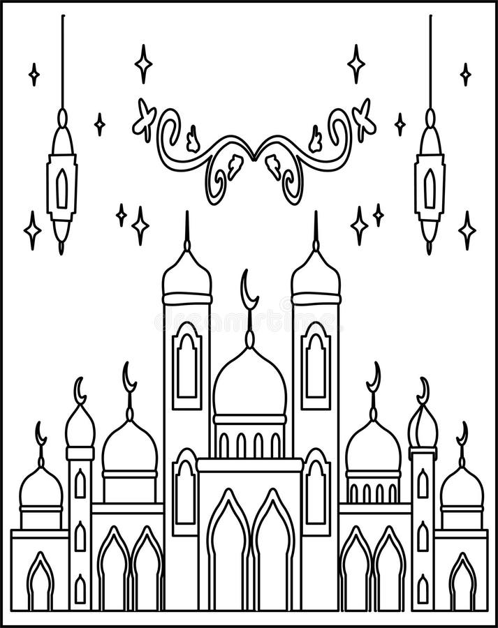 Islamic Outline Cityscape with Houses, Mosque and Minaret Stock Vector ...