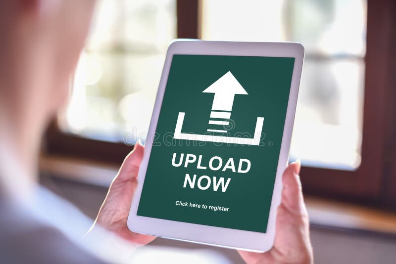 Upload concept on a tablet stock image. Image of sign - 130118049
