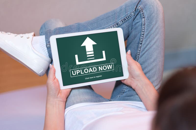 Upload concept on a tablet stock photo. Image of concept - 89779736