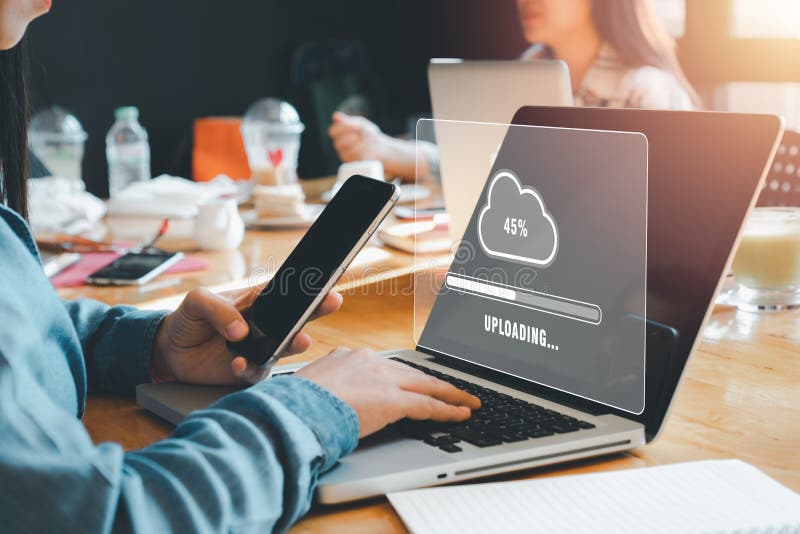 Upload Data Concept, Person Waiting for Cloud Uploading on Laptop in ...