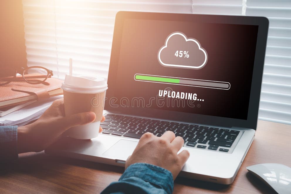 Upload Data Concept, Woman Using Laptop Computer and Waiting for Cloud ...