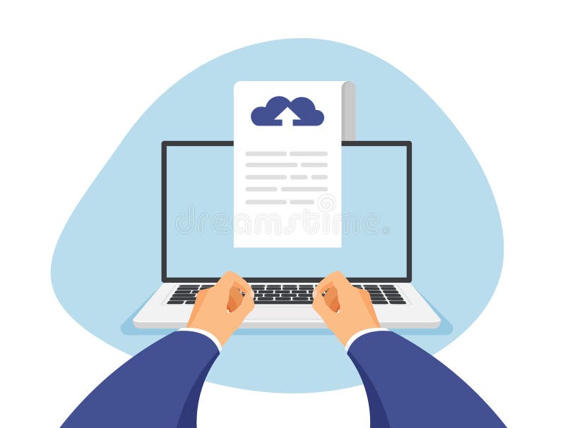 Uploading Documents To Cloud Storage Via Laptop. Stock Illustration ...
