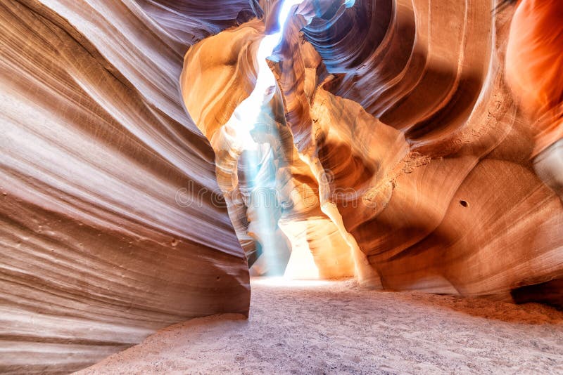 Upper Antelope Canyon with Light Rays Filtering through Sand Dust Stock ...