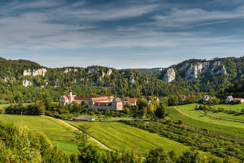 Upper Danube Valley with Beuron Monastery, Baden-Wuerttemberg, Germany ...