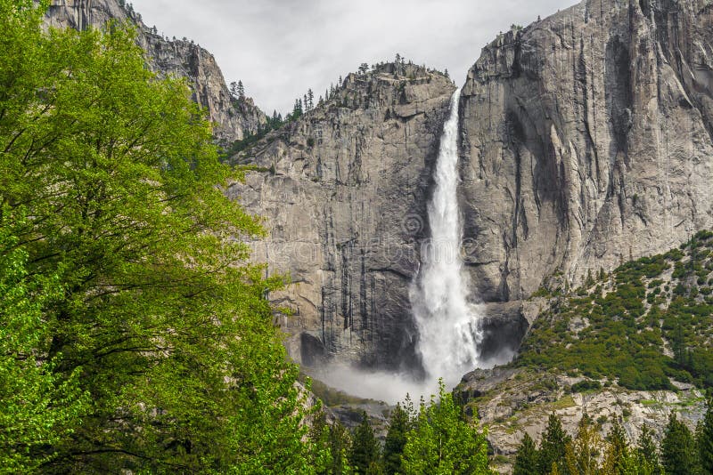 Upper and Lower Yosemite Fall Stock Photo - Image of tree, granite ...