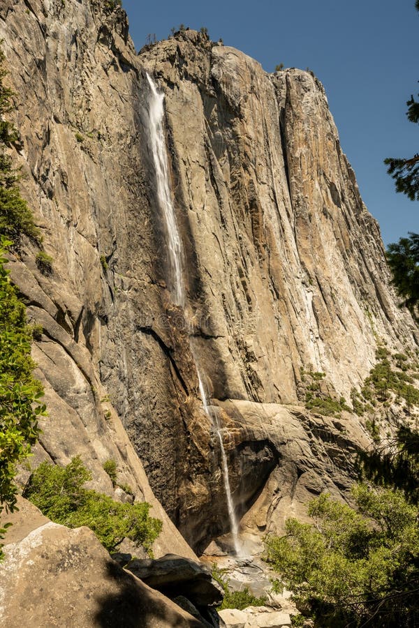 Upper and Lower Yosemite Falls Along Cliff Face Stock Photo - Image of ...