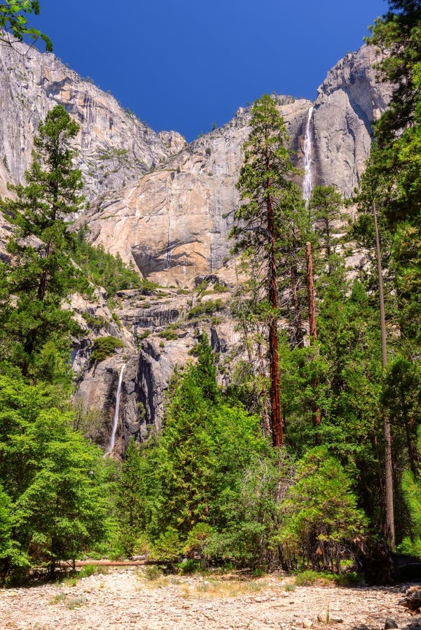 Upper and Lower Yosemite Falls from Yosemite Valley Stock Photo - Image ...