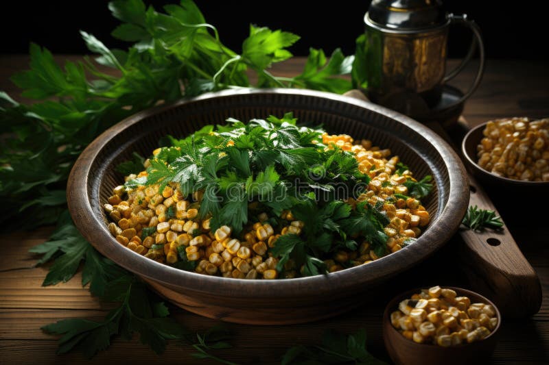 Upper View of the Bowl Full of Dried Corn with Corn Cut and Spinach in ...