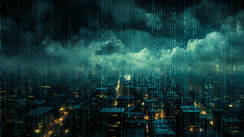 Upper View of City and Clouds with Raining Codes Background Generative ...